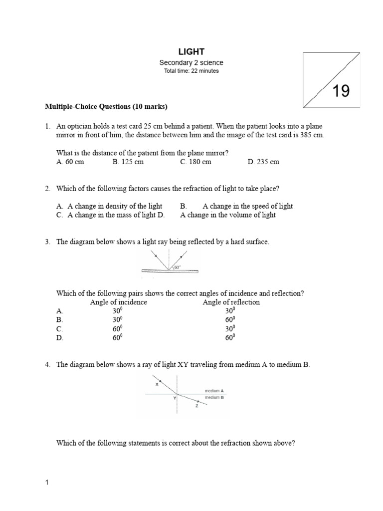 LIGHT Quiz - Secondary 2 | Download Free PDF | Reflection (Physics ...
