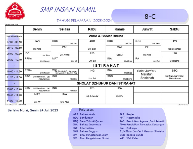 Jadwal Pelajaran 8C | PDF