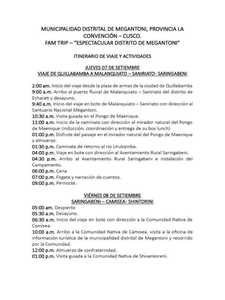 Itinerario del Fam Trip Megantoni | PDF | Cámping | Excursionismo