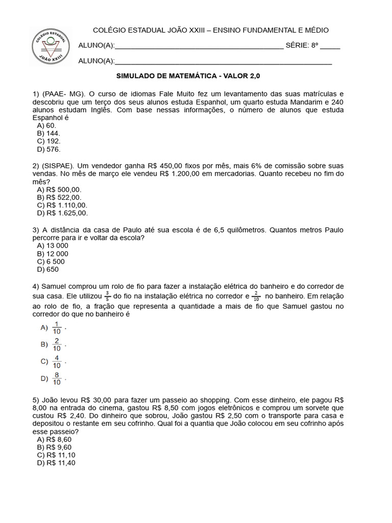 Simulado 8º Ano - Prova PR | PDF
