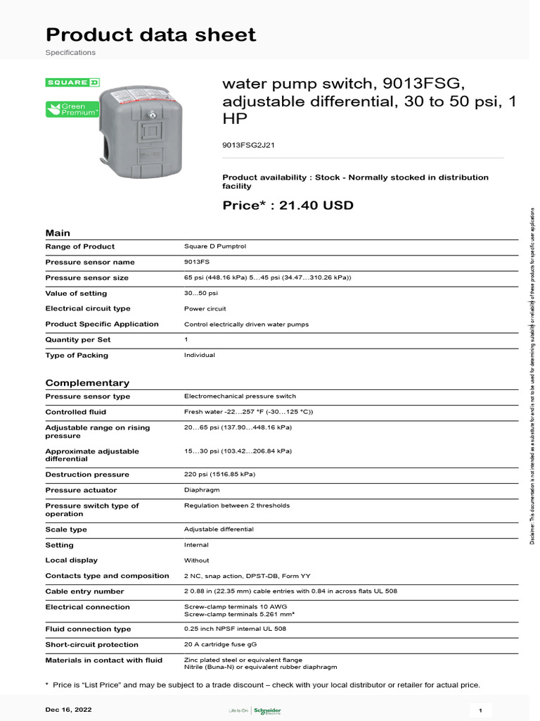 Square D 9013FSG Water Pump Switch | PDF | Switch | Pressure