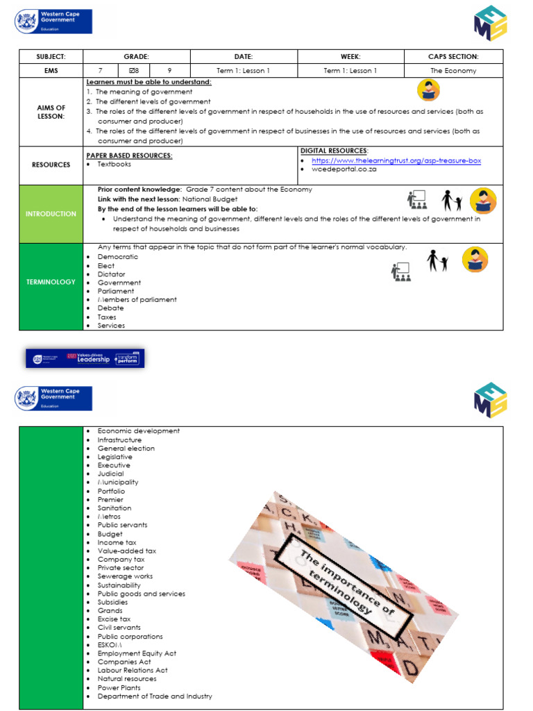 Lesson Plan Grade 8 EMS Term 1 Lesson 1 | PDF | Labour Economics | Taxes