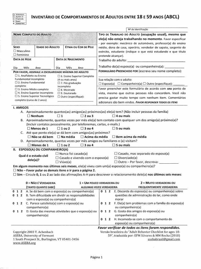 ABCL - Adultos 18-59 - Versao Adulta Do CBCL | PDF