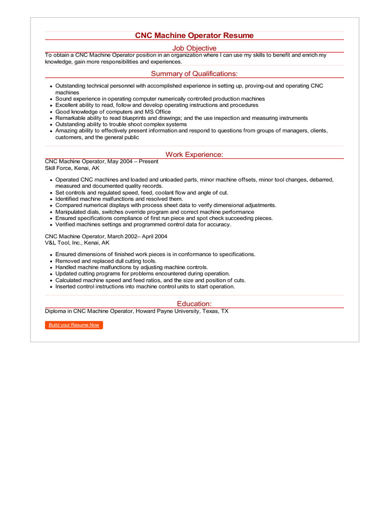 CNC Machine Operator Resume | PDF