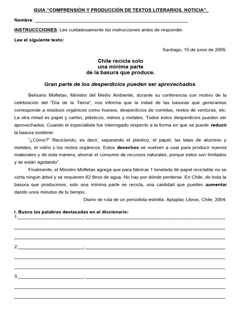 Guia 4 Comprension de Texto No Literario La Noticia | PDF | Residuos ...