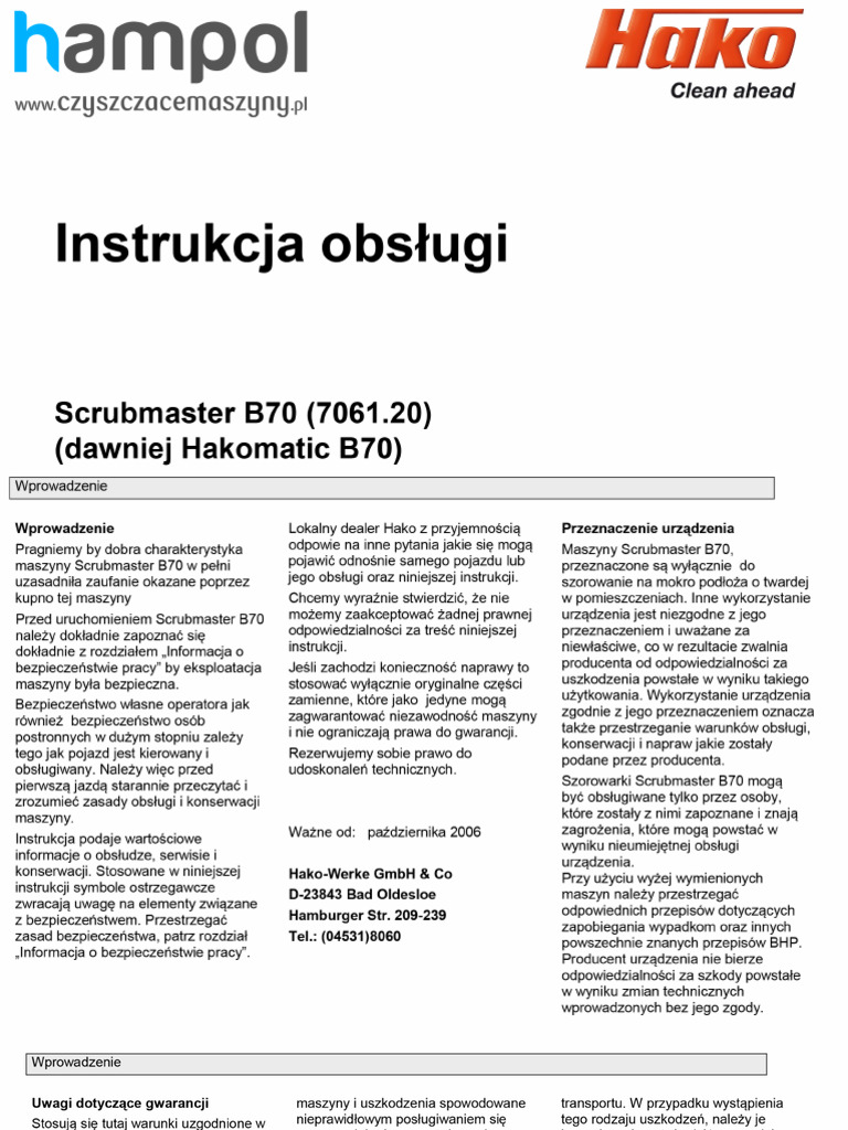 Instrukcja Obsługi I Konserwacji Hako B70 HAMPOL | PDF