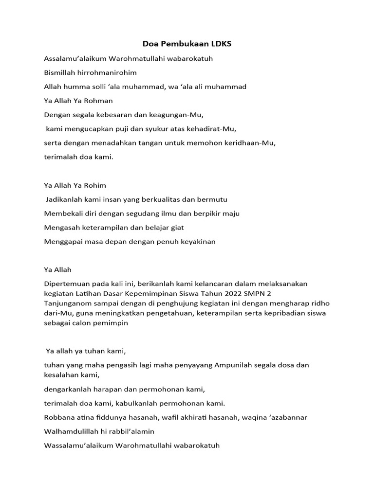 Doa Pembukaan dan Penutupan LDKS | PDF