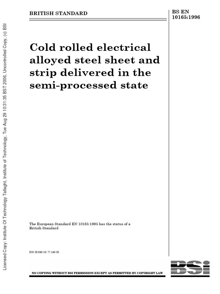 BS EN 10165 - 1996 Cold Rolled Electrical Alloyed Steel Sheet and Strip ...