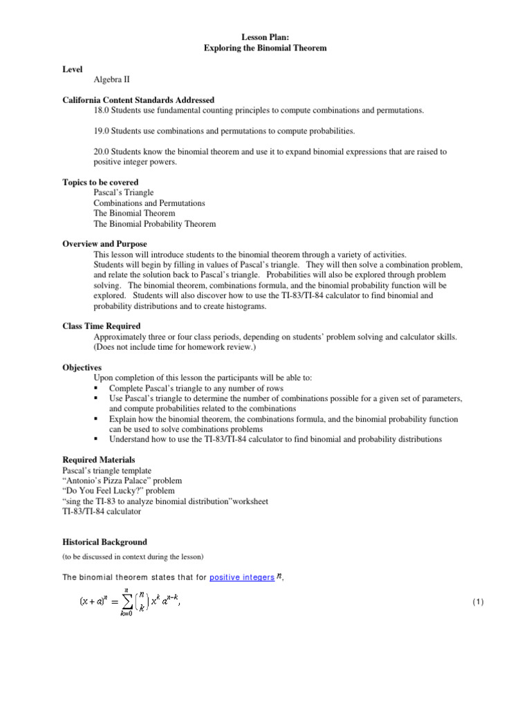Binomial Theorem Lesson Plan | PDF | Mathematics | Discrete Mathematics