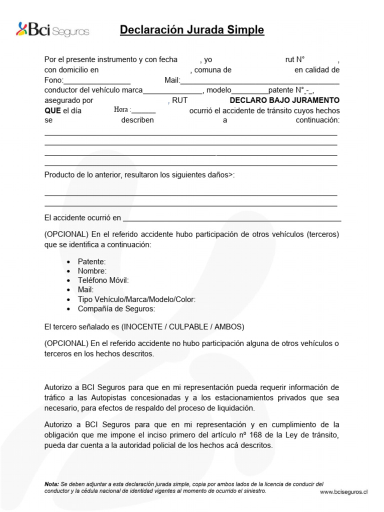 Declaración Jurada Simple Bci | PDF | Póliza de seguros | Seguro