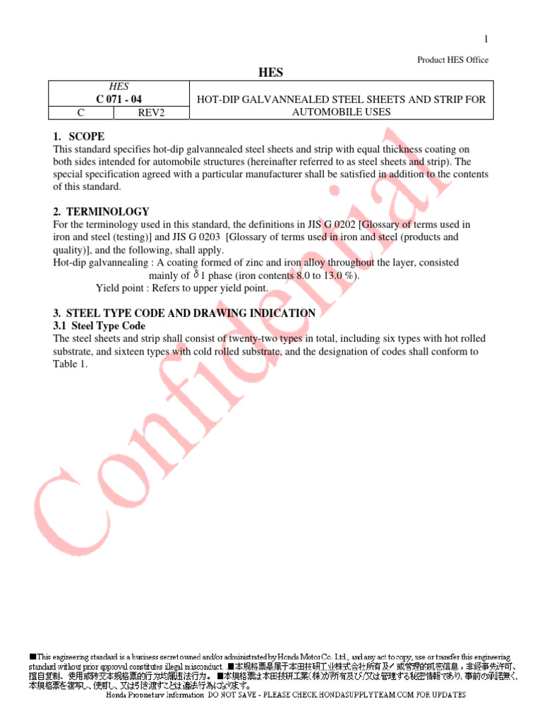 Hes C 071-04 Hot-Dip Galvannealed Steel Sheets and Strip For Automobile Uses | PDF | Steel | Metals