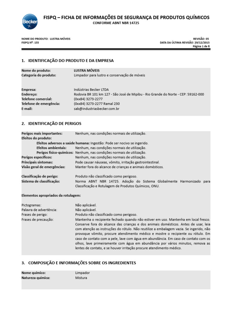 3069 - Fispq Lustra Móveis Becker - Rev 05 | PDF | Química | Desperdício