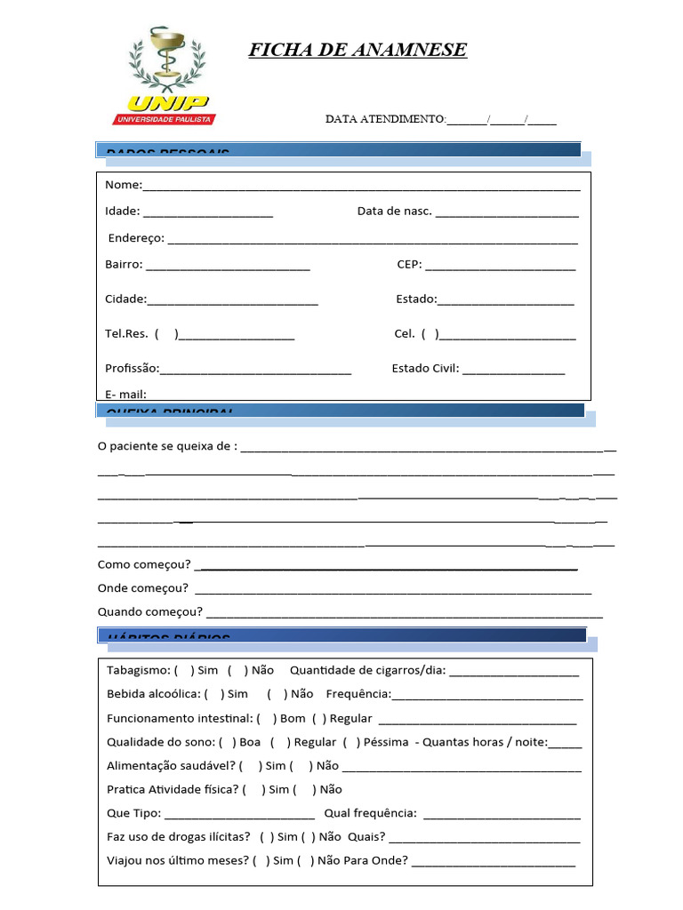 Ficha de Anamnese Word Editavel | PDF | Doenças e distúrbios ...