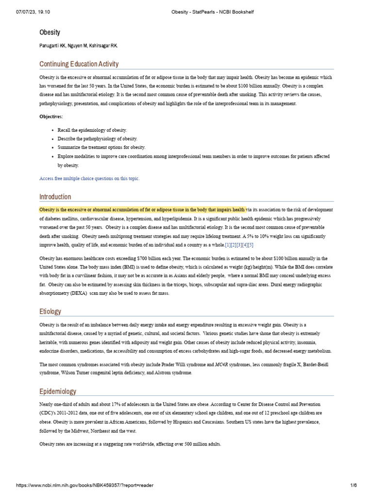 Obesity - StatPearls - NCBI Bookshelf | PDF | Obesity | Adipose Tissue