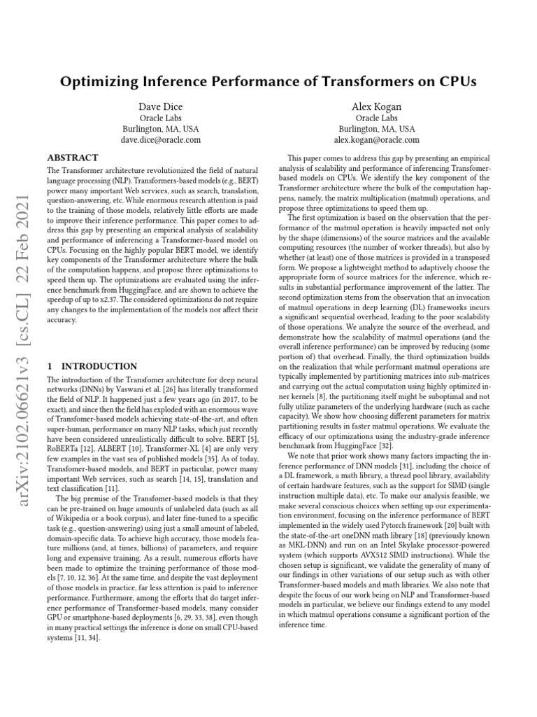 Optimizing Inference Performance of Transformers On Cpus: Dave Dice ...