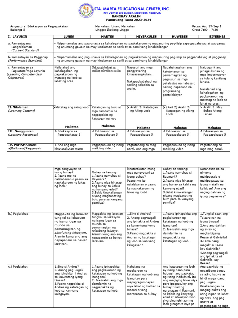 Lesson Plan Esp 5 - Week 3 | PDF