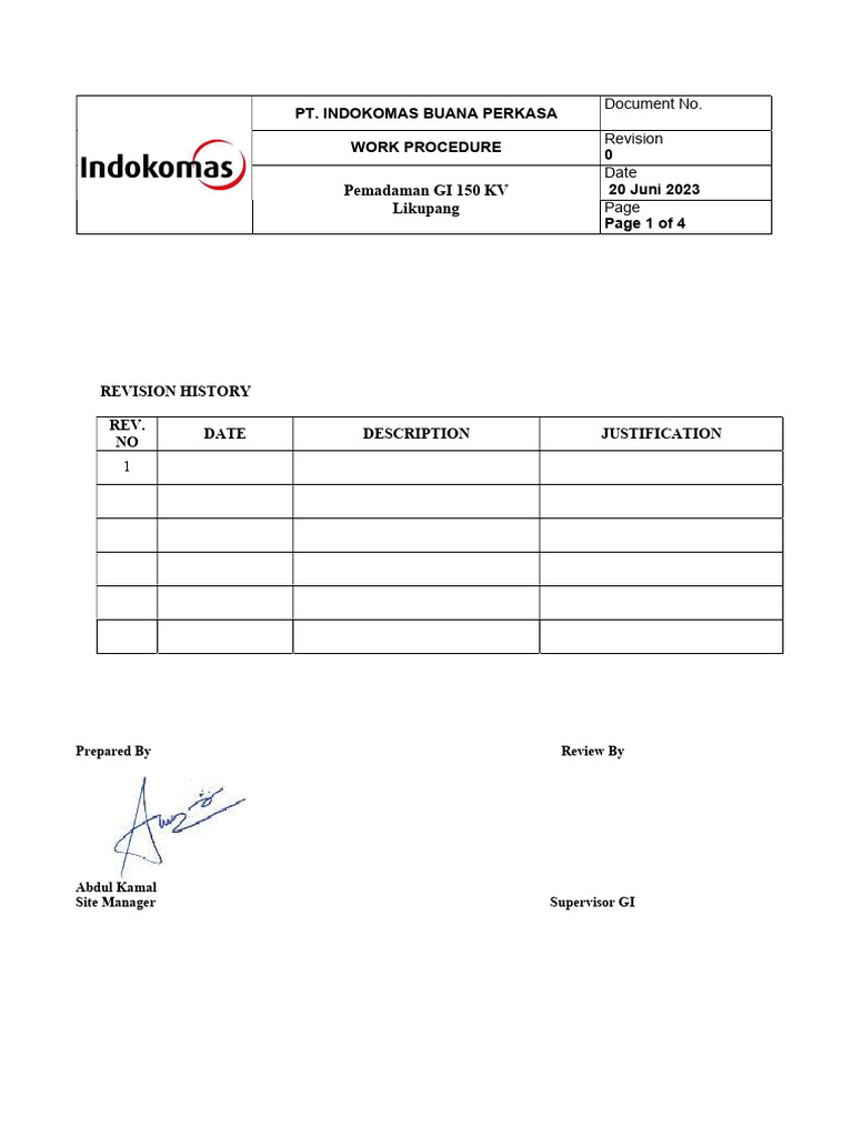 Pt. Indokomas Buana Perkasa Document No. Work Procedure Revision 0 ...