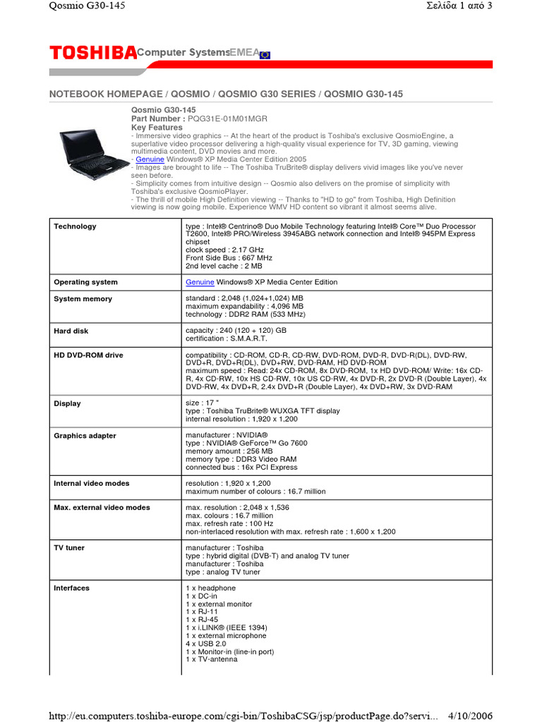 COMPUTER Qosmio G30-145 - 04-10-2006 | PDF | Dvd | Wi Fi