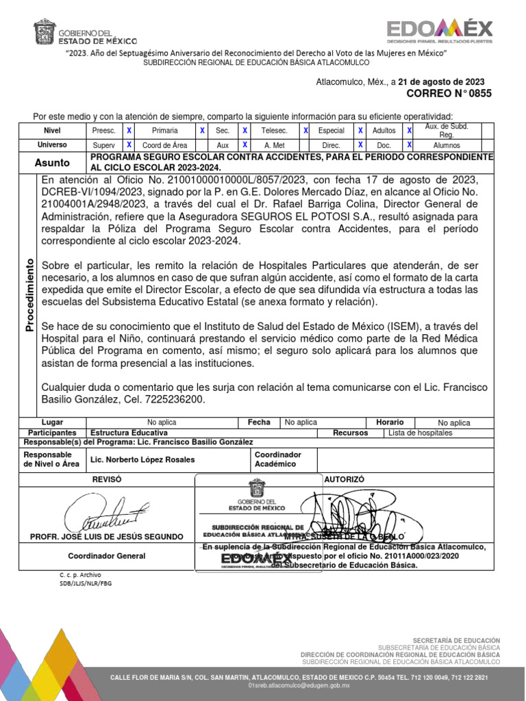 Seguro Escolar 2023-2024 Atlacomulco | PDF