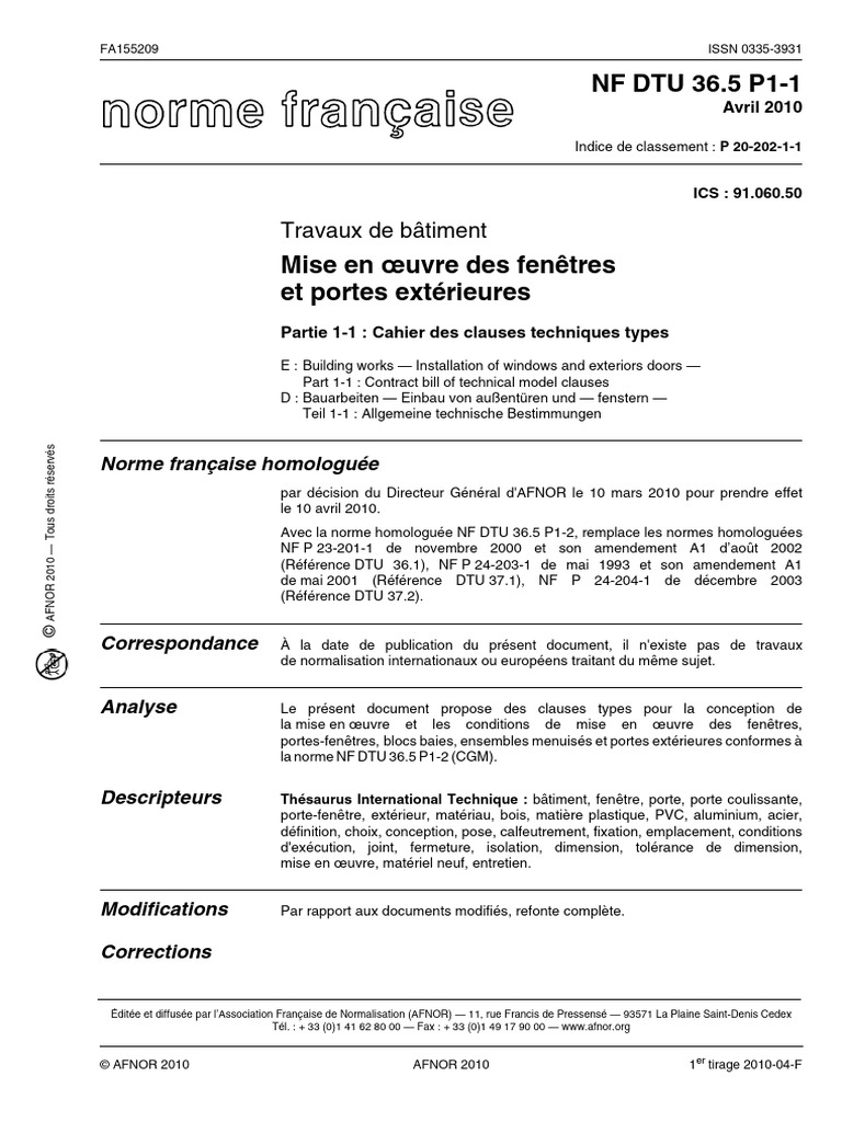 DTU 36.5 Mise en Œuvre Des Fenêtres Et Portes Extérieures | PDF ...