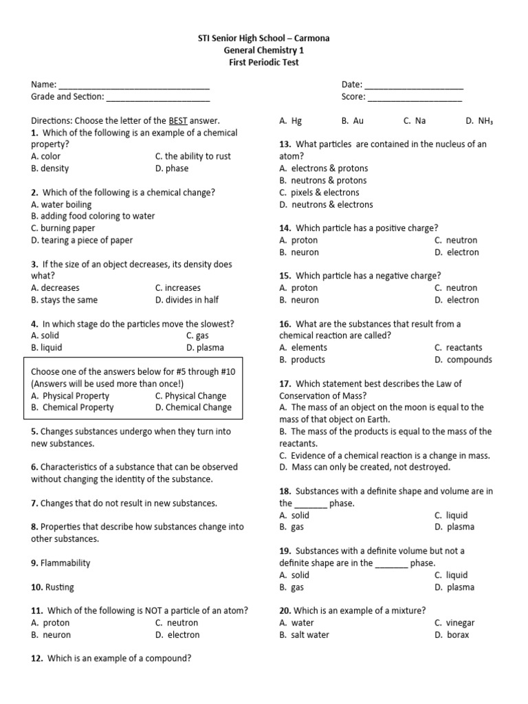 General Chemistry 1 First Periodic Test | PDF | Mole (Unit) | Atoms