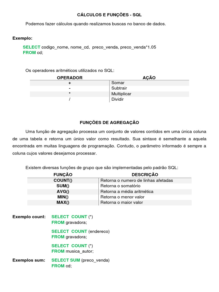 APOSTILA SQL - Funções Agregação | PDF | SQL | Programação de computadores
