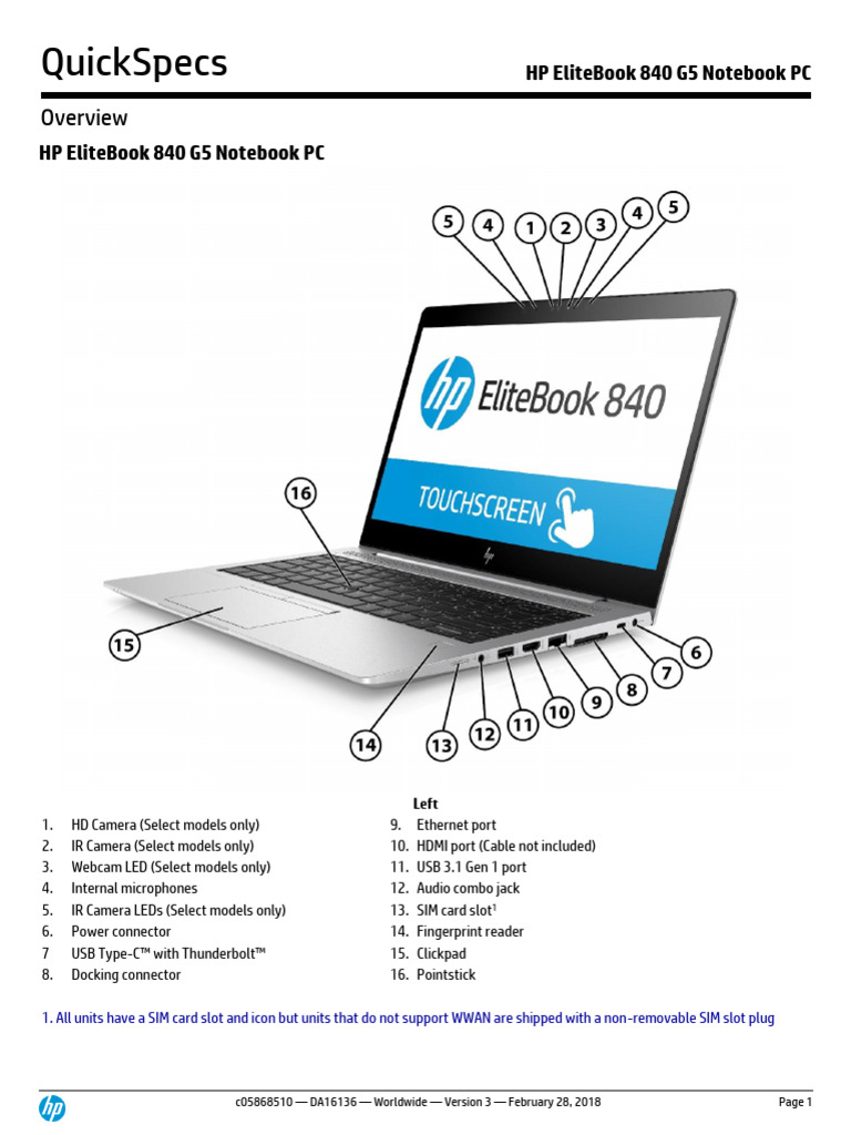 HP EliteBook 840 G5-QuickSpecs | PDF | Ieee 802.11 | Solid State Drive