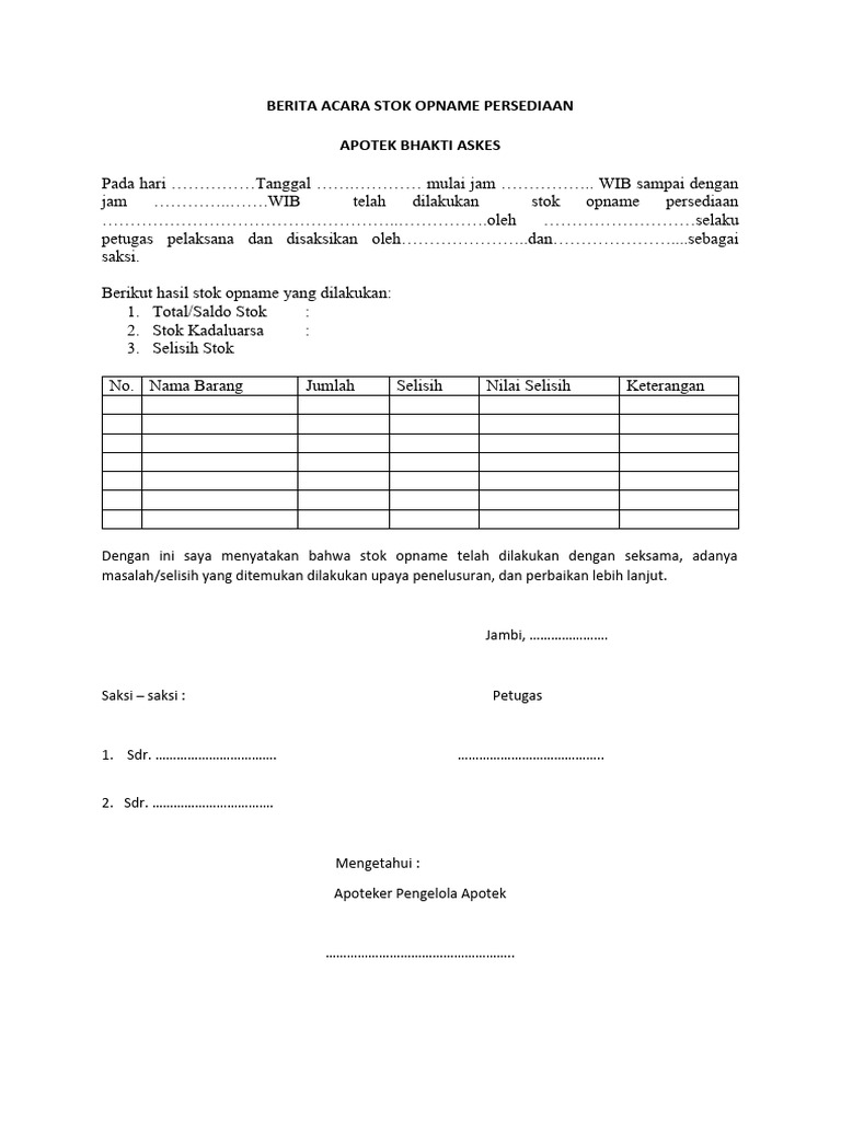 Berita Acara Stok Opname Persediaan | PDF