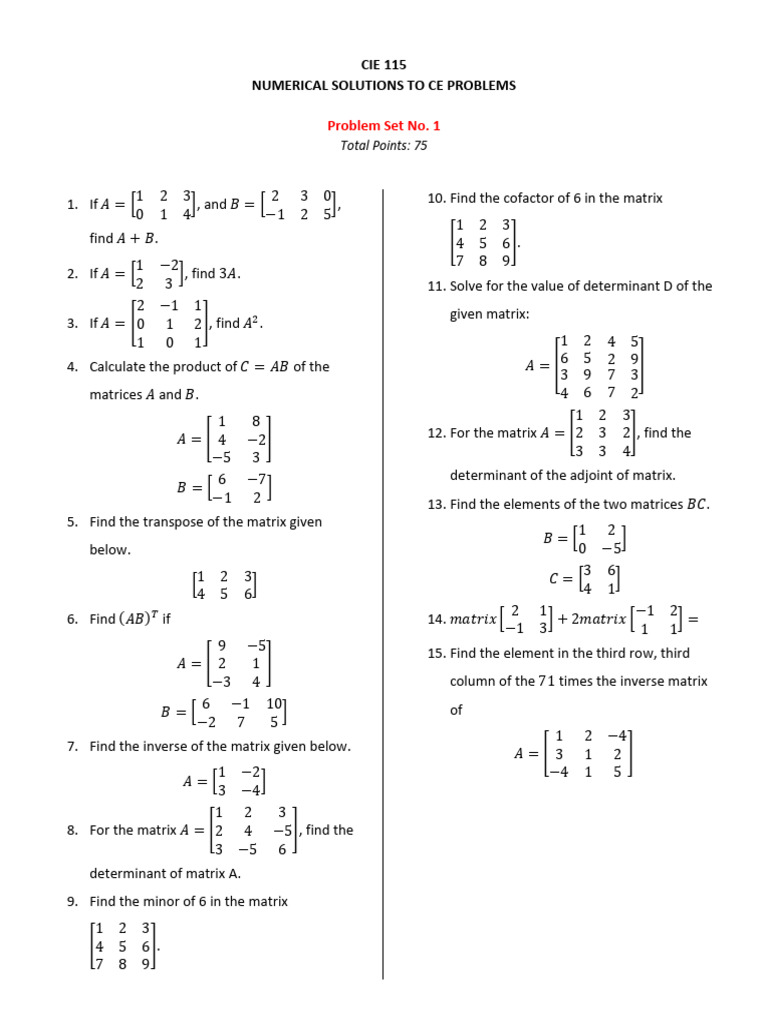 CIE 115 P1 Problem Sets | PDF | Matrix (Mathematics) | Determinant