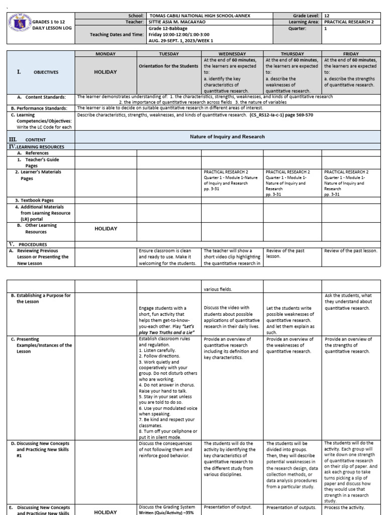 Dll Practical Research 2 12 Q1 Q2 Pdf Learning Teachers 