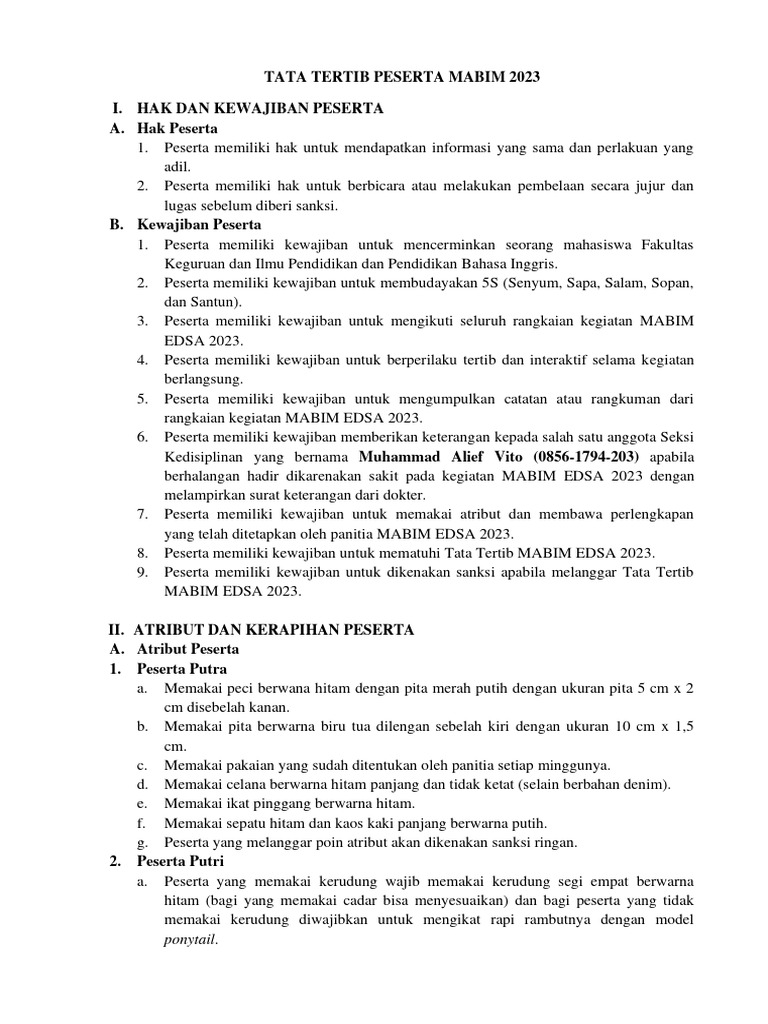 TATA TERTIB PESERTA MABIM EDSA 2023 | PDF