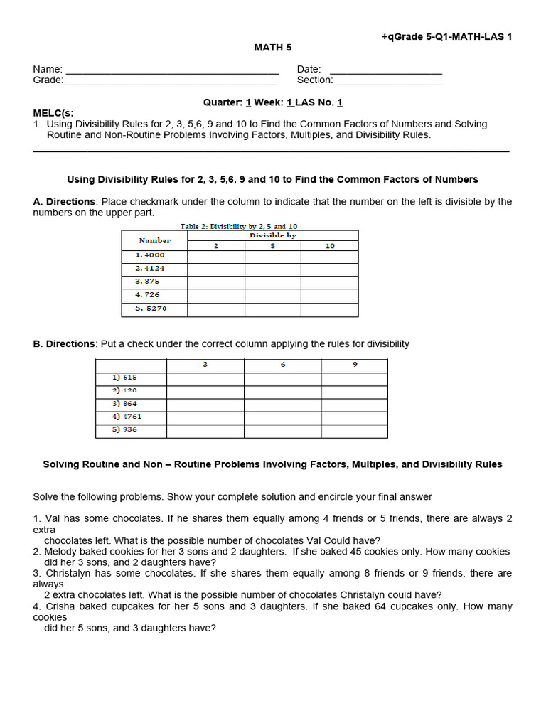 Grade 5 q1 Math Las 1 | PDF | Teaching Methods & Materials