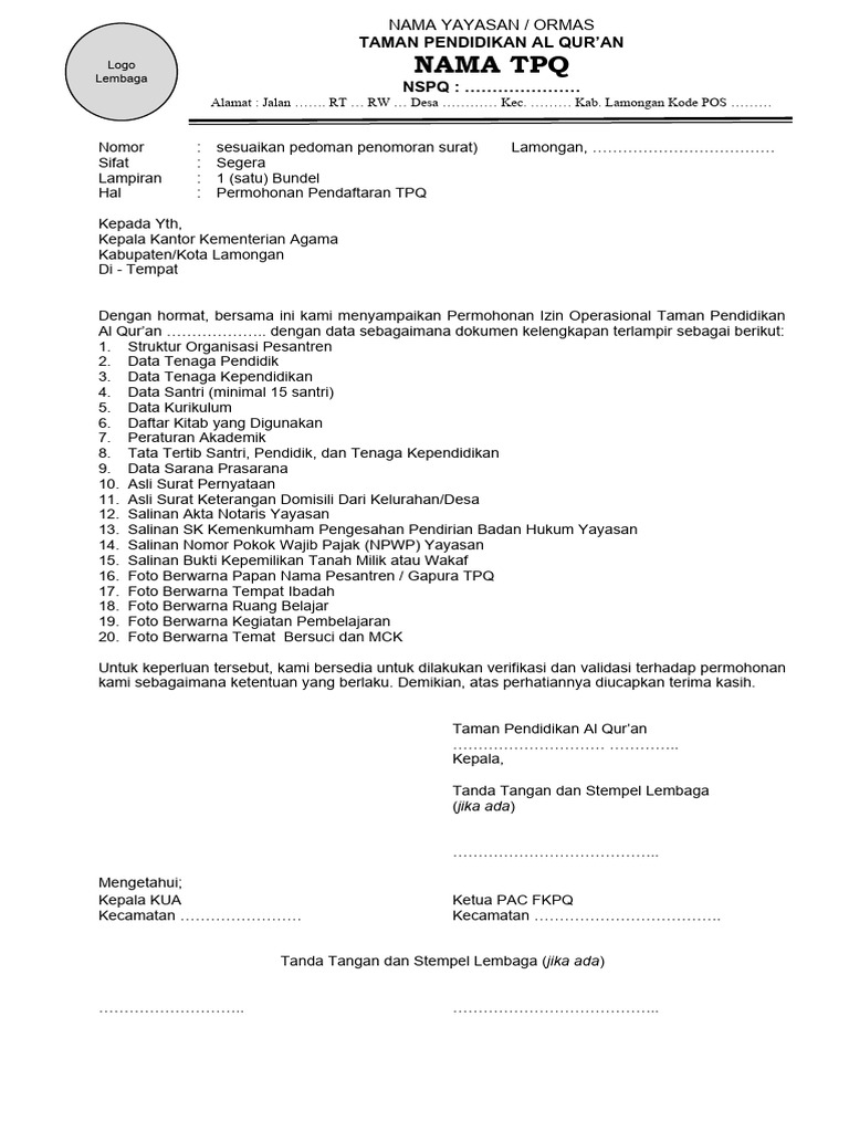 Format Surat Permohonan Izin Operasional LPQ | PDF