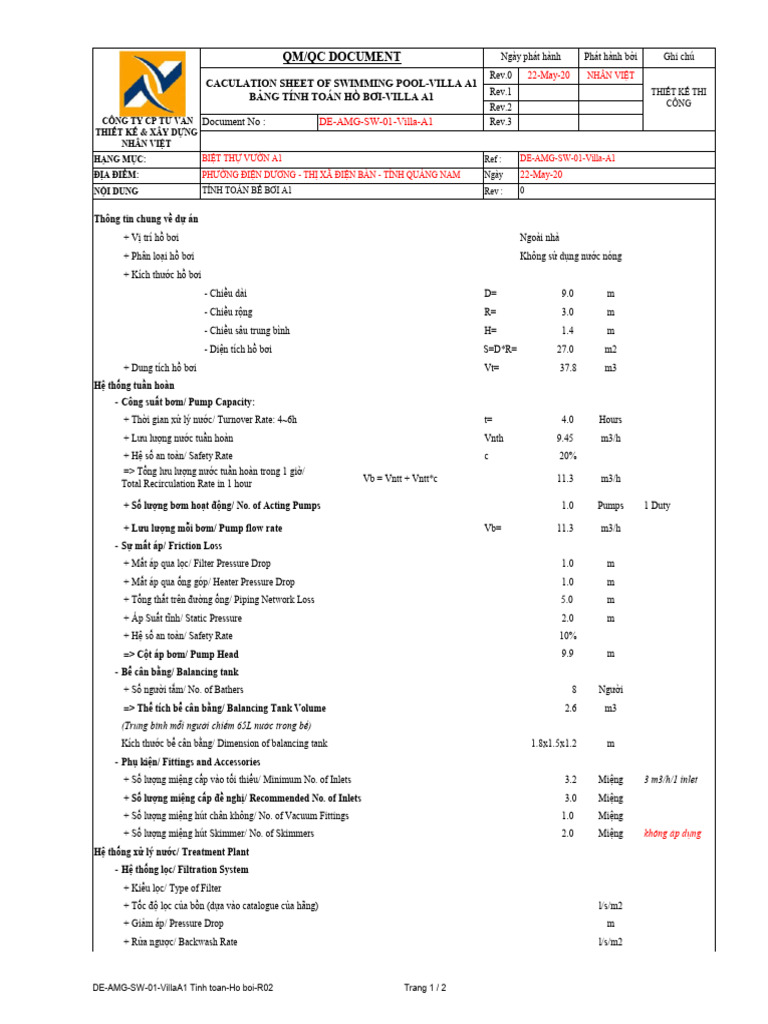 DE-AMG-SW-01-VillaA1 Tinh Toan-Ho Boi-R02 | PDF