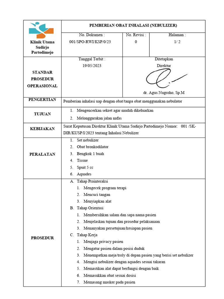 SOP Pemasangan Nebulizer Anak dan Dewasa | PDF