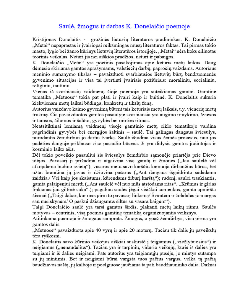 Saule Zmogus Ir Darbas K Donelaicio Poemoje Metai (Mokslobaze - LT) | PDF