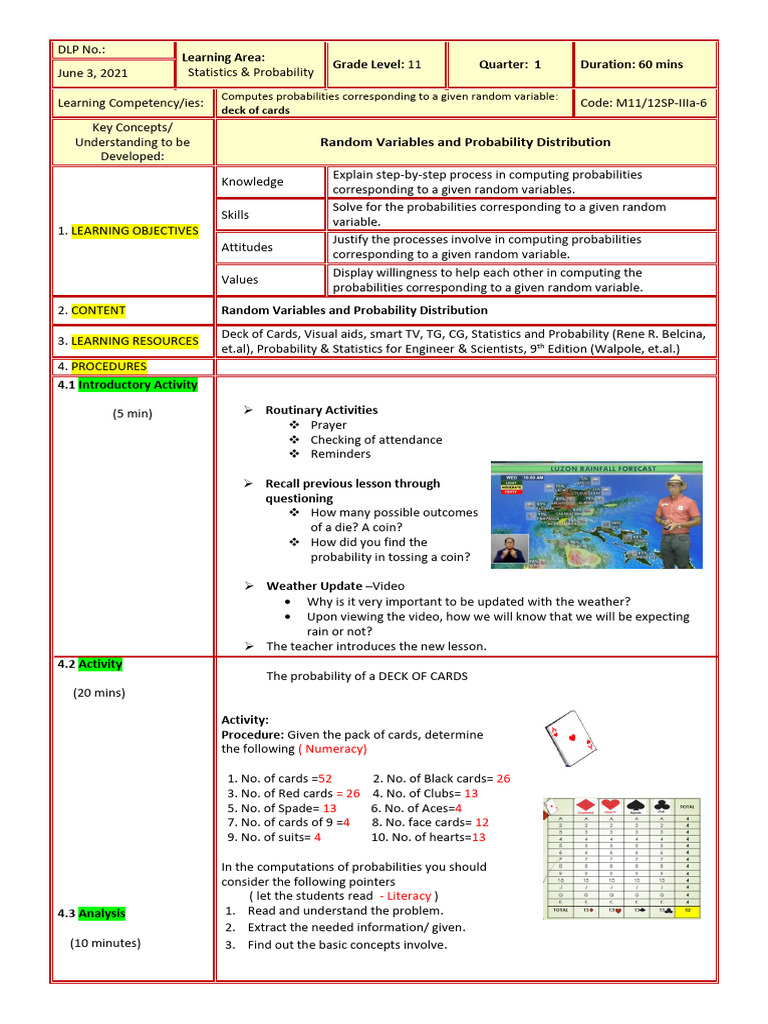 Sample Lesson Plan (Dep Ed) | PDF | Probability | Random Variable