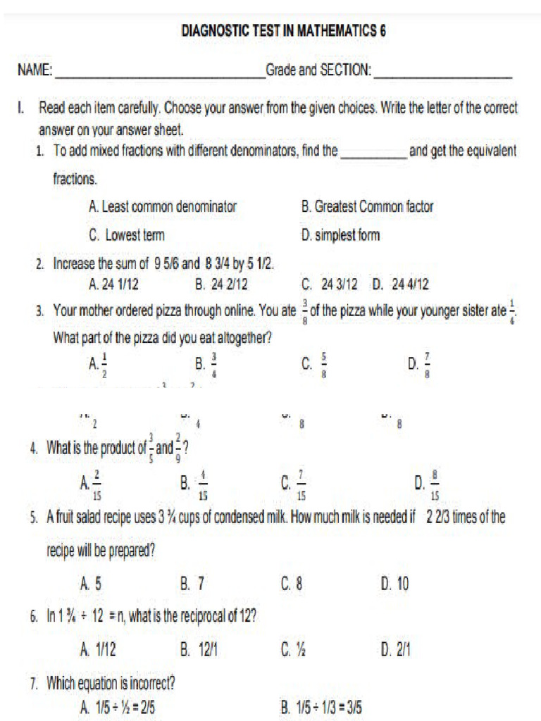 Diagnstic Test in Math 6 | PDF