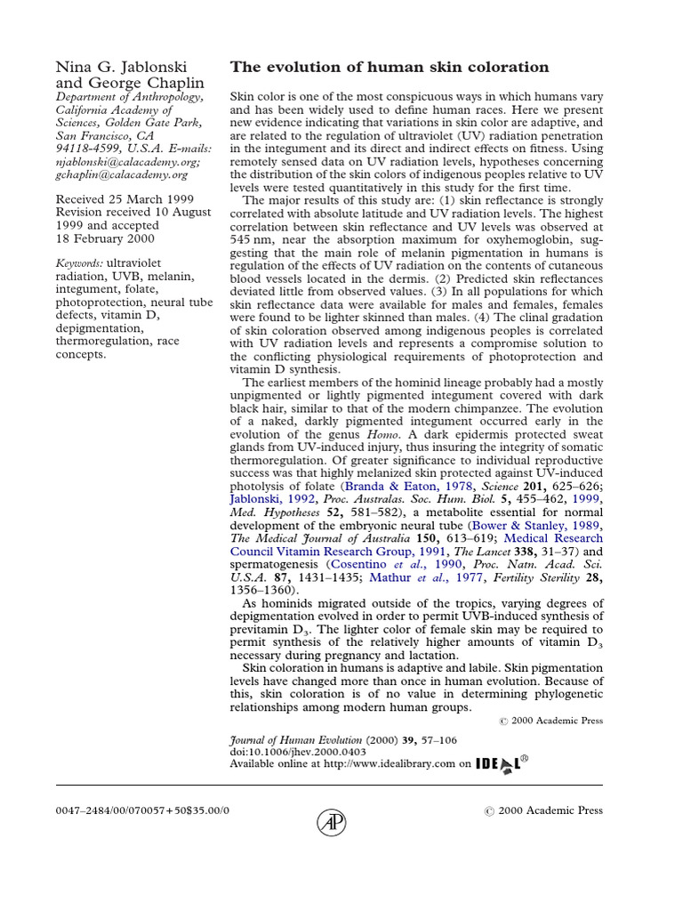 5.Jablonski.2000.Human Pigmentation | PDF | Human Skin Color | Ultraviolet