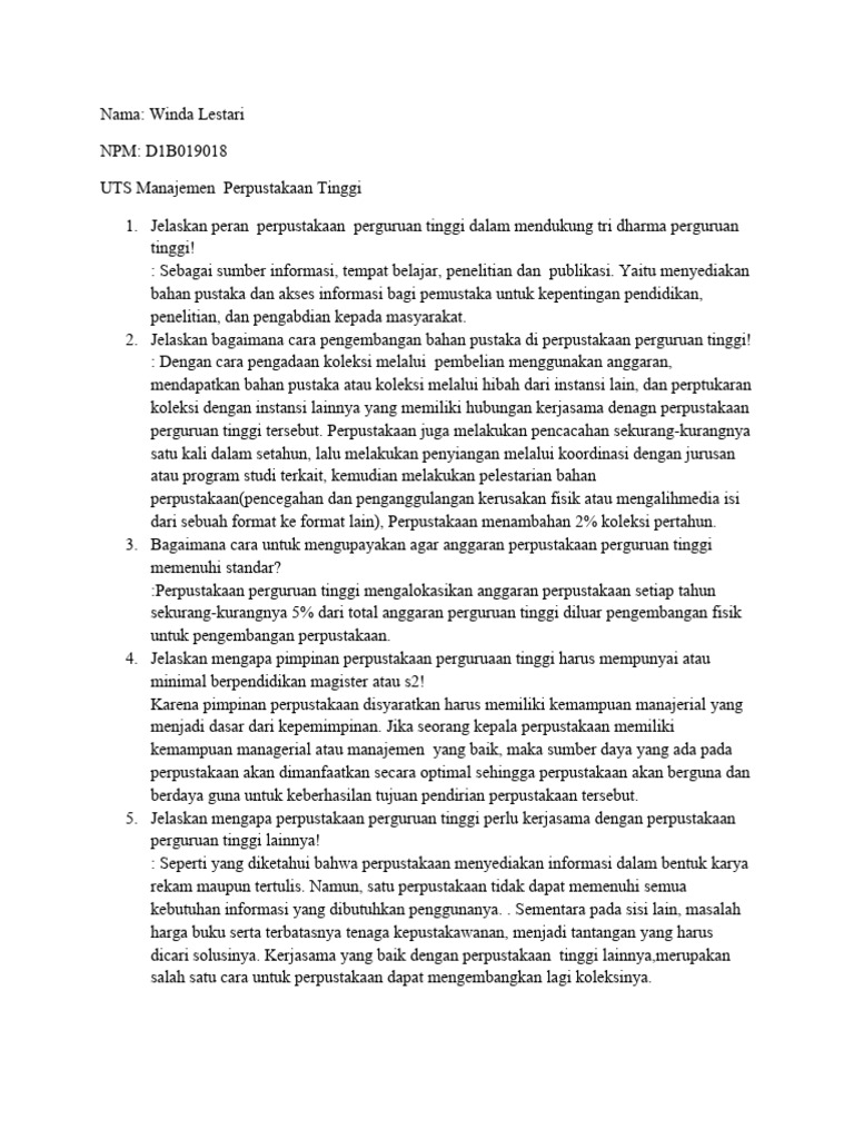 Winda Lestari (D1B019018) UTS Manajemen Perpustakaan Perguruan Tinggi | PDF