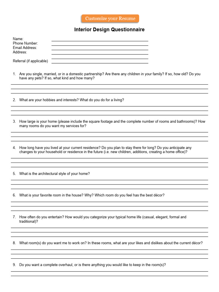 Interior Design Questionnaire | PDF