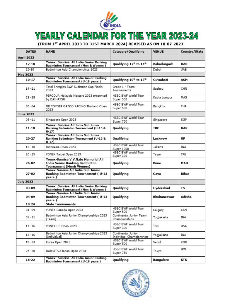 BAI Calendar 2023-24 | PDF | Sports Competitions