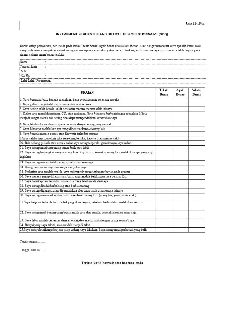 Instrumen SDQ Dan Skoring Excel Siip | PDF
