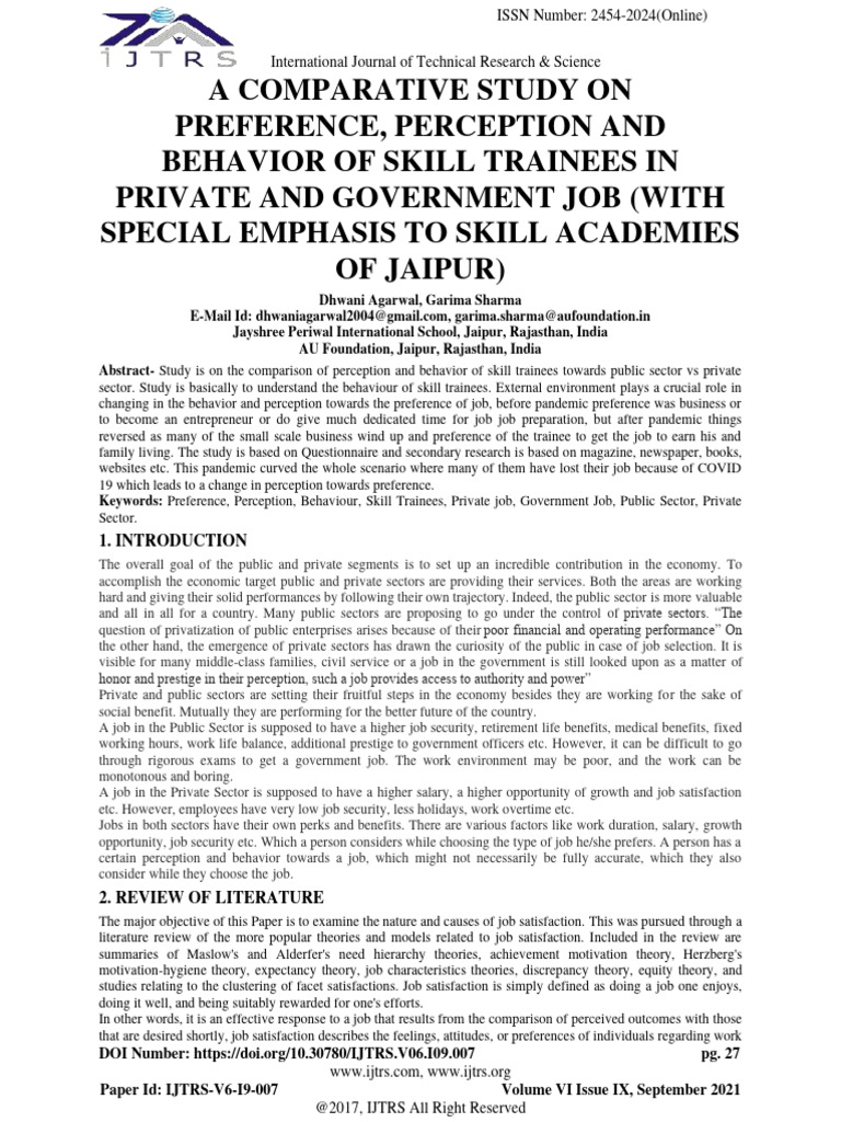 A Comparative Study On Preference, Perception and Behavior of Skill Trainees in Private and ...