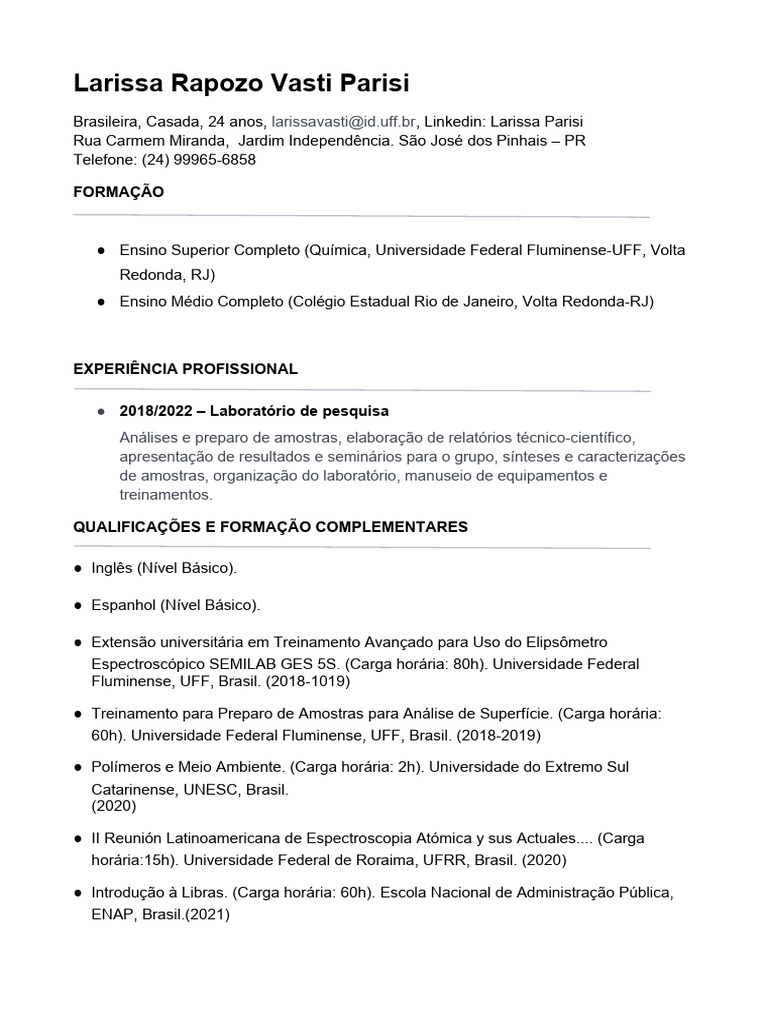 Curriculo Larissa Parisi | PDF | Brasil | Ciências Físicas