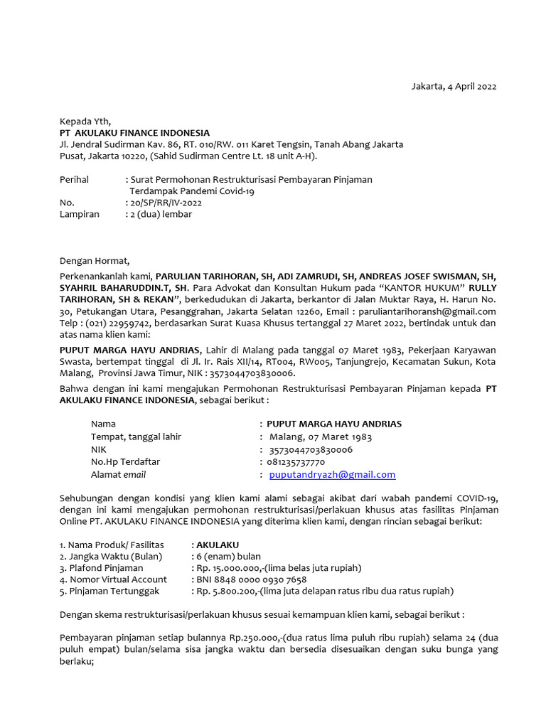 SURAT PERMOHONAN RESTRUKTURISASI Pinjol Puput | PDF