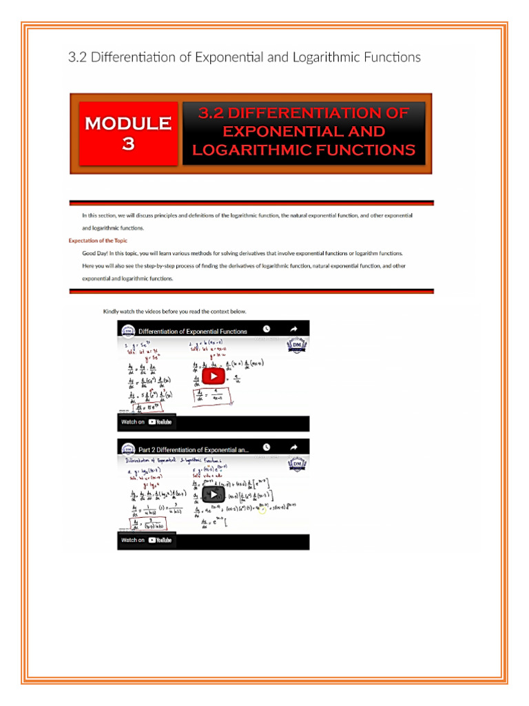 3 2 Differentiation Of Exponential And Logarithmic Functions Pdf
