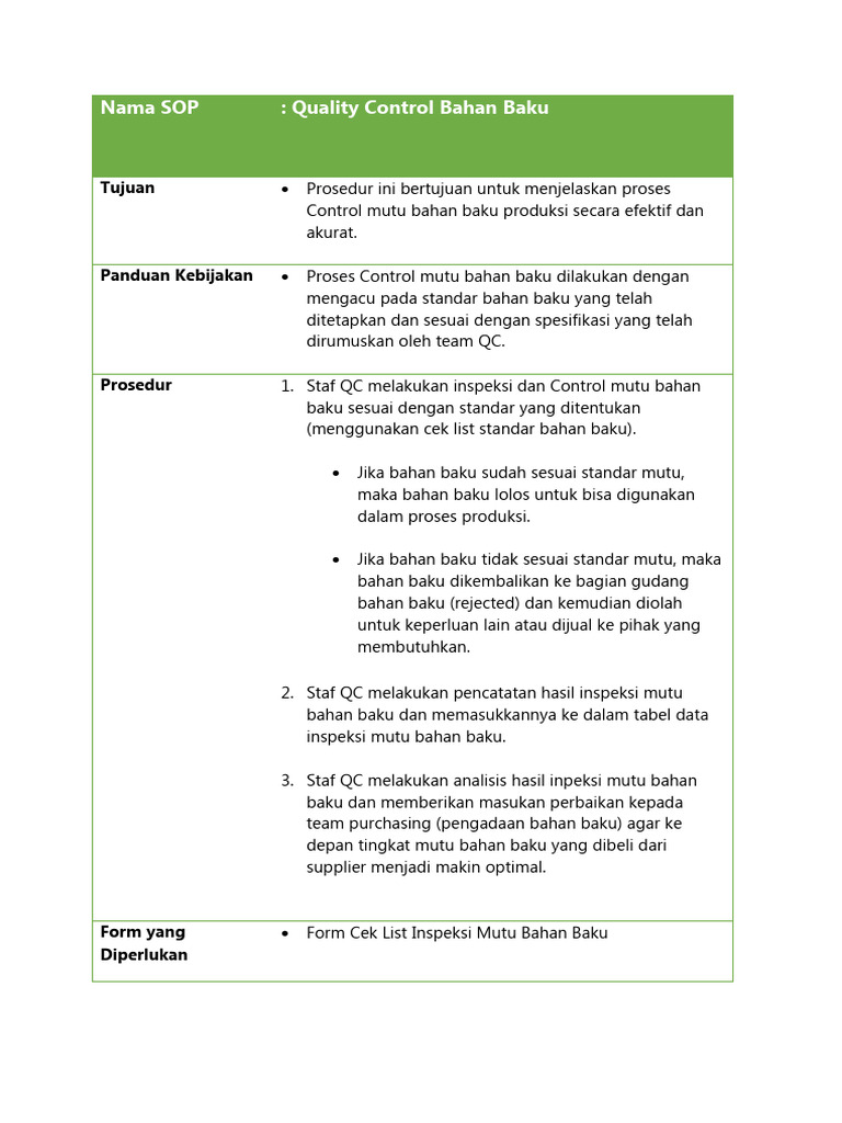 01 Sop Quality Control Bahan Baku Pdf