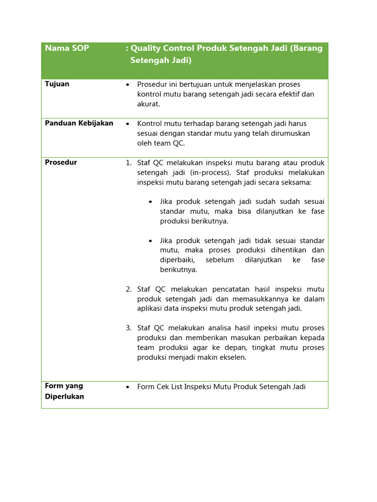 02 SOP Quality Control Barang Setengah Jadi | PDF