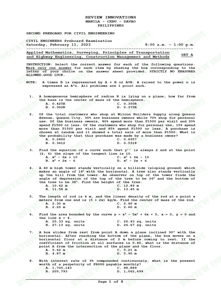 2023 April Preboard 2 Math | PDF | Concrete | Circle